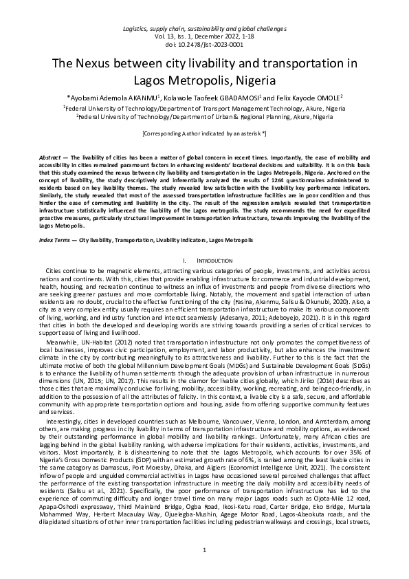 (PDF) The Nexus between city livability and transportation in Lagos ...