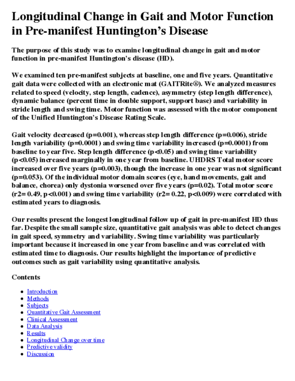 (PDF) Longitudinal Change in Gait and Motor Function in Pre-manifest ...