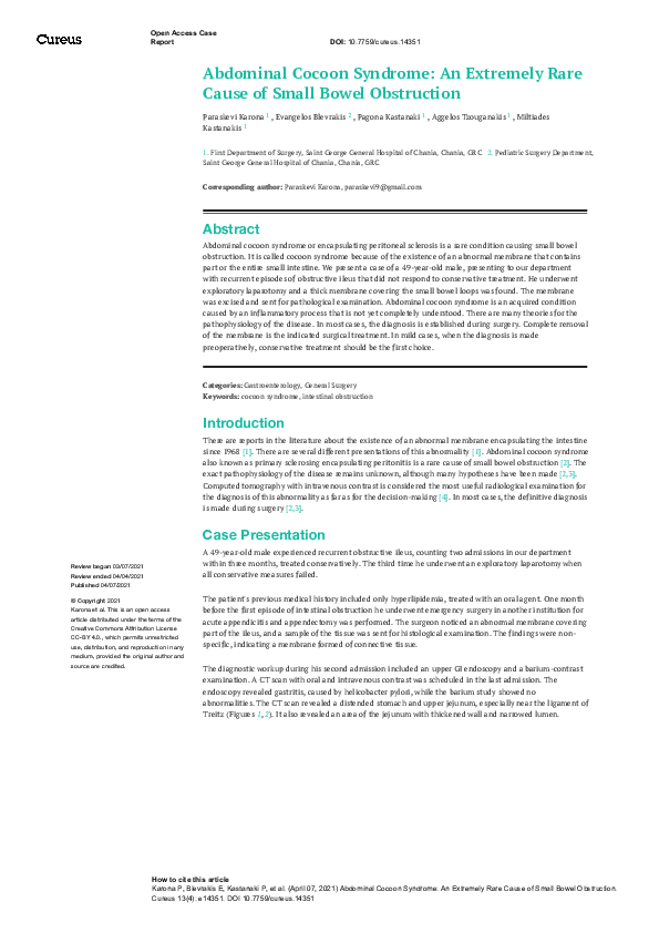(PDF) Abdominal Cocoon Syndrome: An Extremely Rare Cause of Small Bowel ...