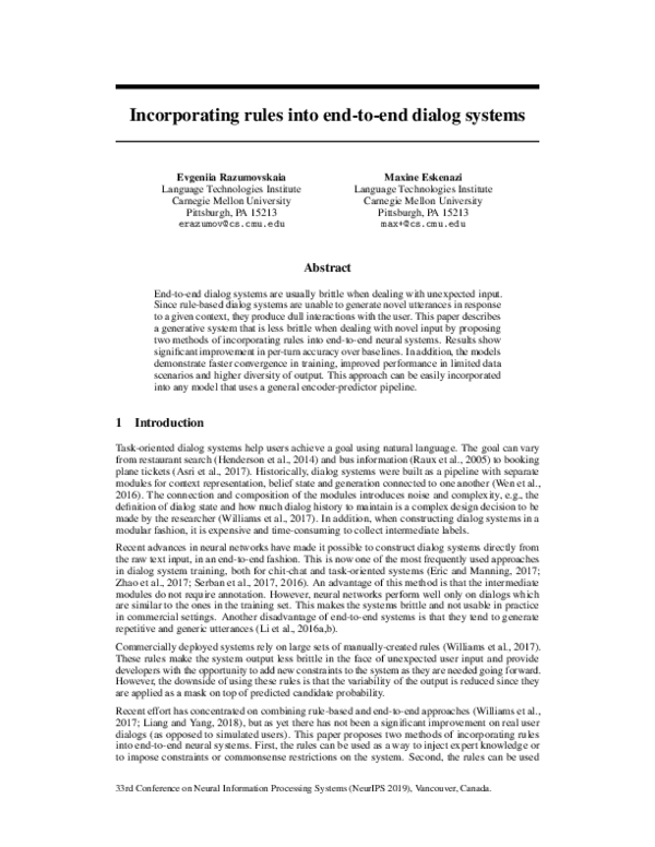 (PDF) Incorporating rules into end-to-end dialog systems
