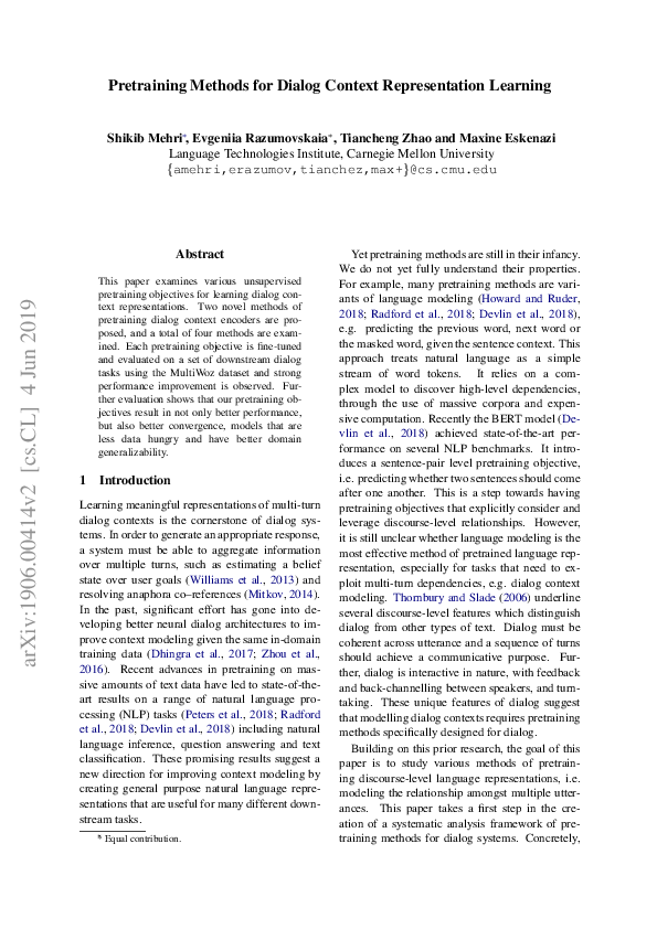 Pdf Pretraining Methods For Dialog Context Representation Learning Evgeniia Razumovskaia