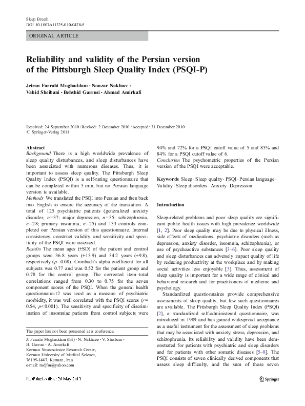 (PDF) Reliability and validity of the Persian version of the Pittsburgh ...