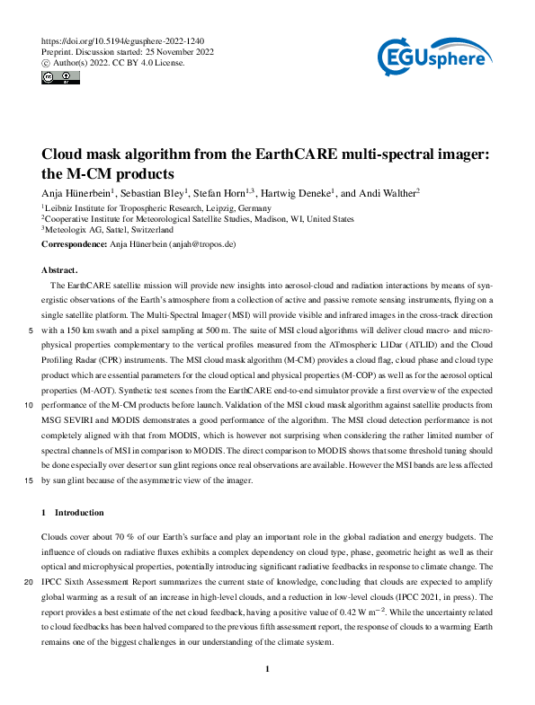 (PDF) Cloud mask algorithm from the EarthCARE multi-spectral imager ...