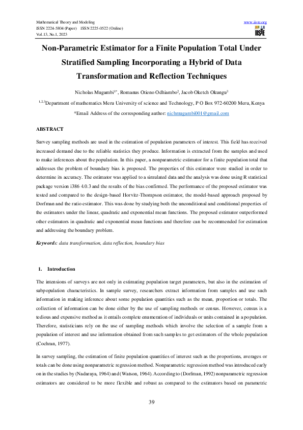 (PDF) Non-Parametric Estimator for a Finite Population Total Under Stratified Sampling ...