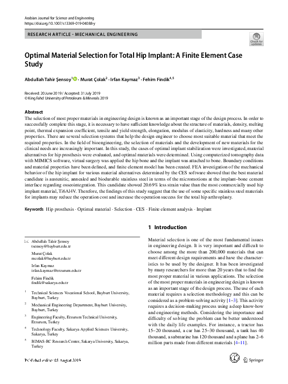 (PDF) Optimal Material Selection for Total Hip Implant: A Finite ...