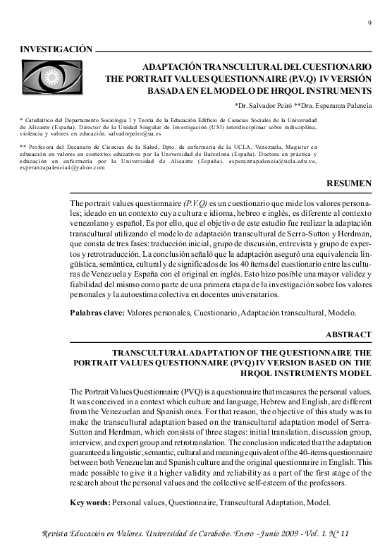 (PDF) Adaptación transcultural del cuestionario The portrait values ...