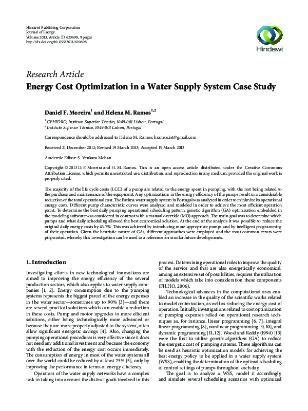 (PDF) Energy Cost Optimization in a Water Supply System Case Study