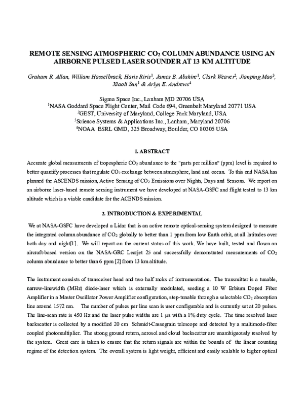 (PDF) Remote sensing atmospheric CO 2 column abundance using an airborne pulsed laser sounder at ...