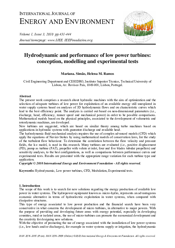 (PDF) Hydrodynamic and performance of low power turbines: conception ...