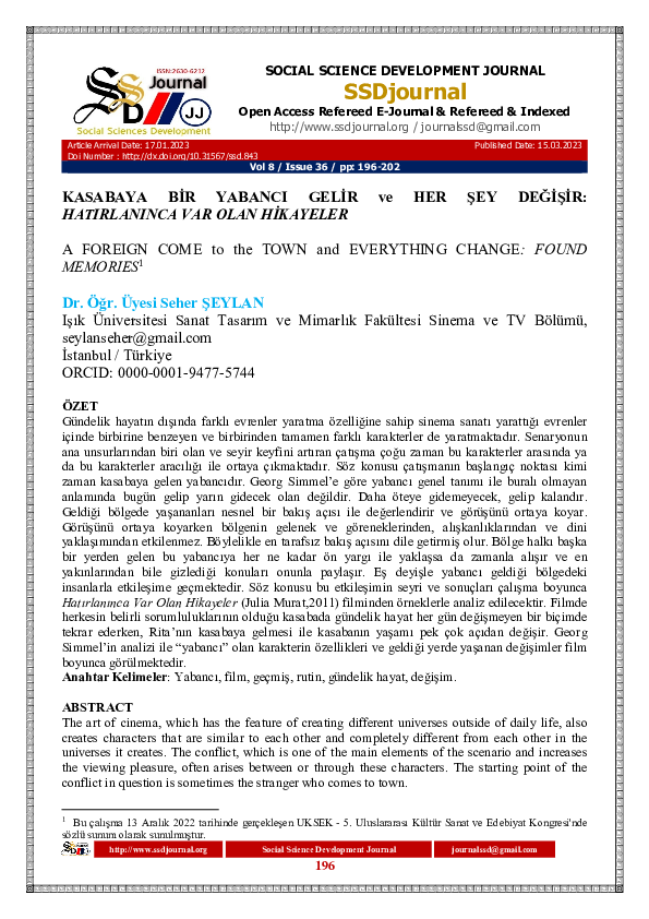 (PDF) KASABAYA BİR YABANCI GELİR ve HER ŞEY DEĞİŞİR: HATIRLANINCA VAR ...