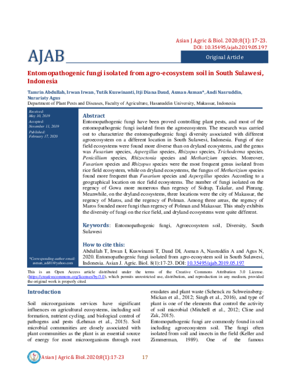 (PDF) Entomopathogenic fungi isolated from agro-ecosystem soil in South Sulawesi, Indonesia