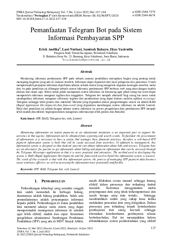 (PDF) Pemanfaatan Telegram Bot pada Sistem Informasi Pembayaran SPP