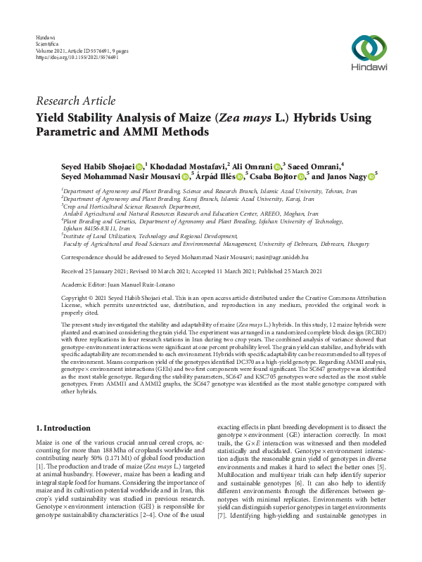 (PDF) Yield Stability Analysis of Maize (Zea mays L.) Hybrids Using Parametric and AMMI Methods