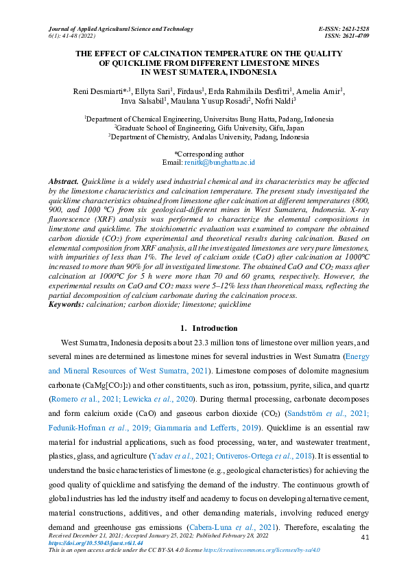 (PDF) The Effect of Calcination Temperature on The Quality of Quicklime from Different Limestone ...