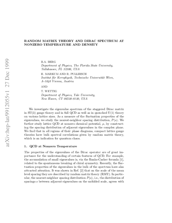 (PDF) Random Matrix Theory and Dirac Spectrum at Nonzero Temperature ...