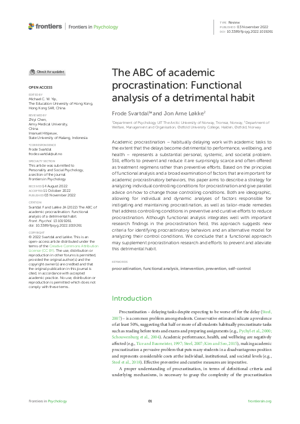 (PDF) The ABC of academic procrastination: Functional analysis of a ...
