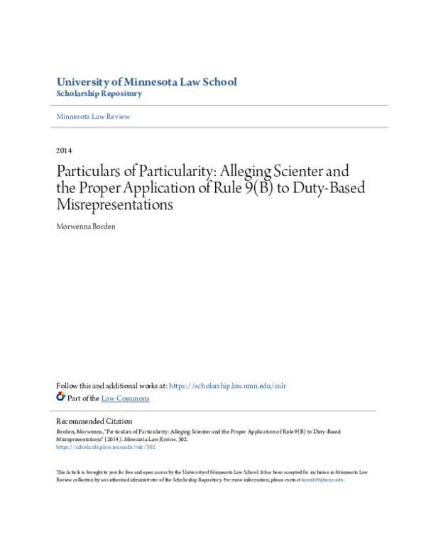 (PDF) Particulars of Particularity: Alleging Scienter and the Proper ...