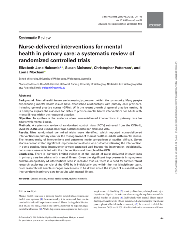 (PDF) Nurse-delivered interventions for mental health in primary care: a systematic review of ...