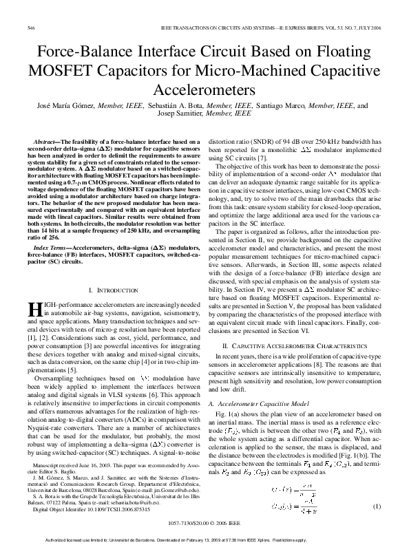 (PDF) Force-balance interface circuit based on floating MOSFET capacitors for micro-machined ...