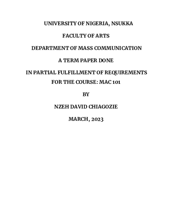 (PDF) UNIVERSITY OF NIGERIA, NSUKKA FACULTY OF ARTS DEPARTMENT OF MASS ...