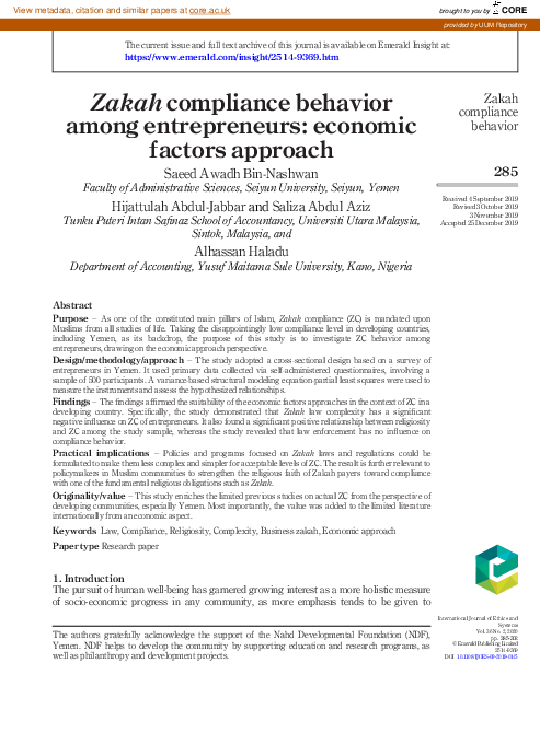 (PDF) Zakah compliance behavior among entrepreneurs: economic factors approach | Saliza Aziz ...