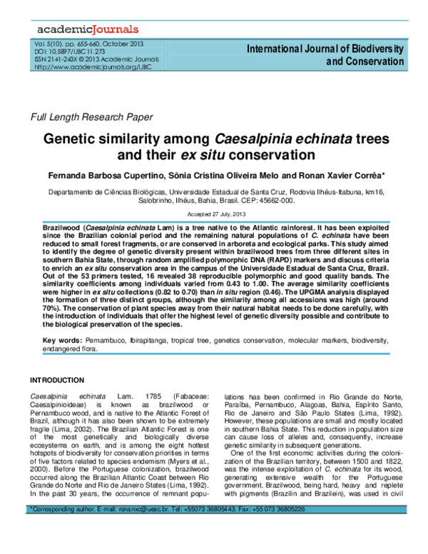 (PDF) Genetic similarity among Caesalpinia echinata trees and their ex situ conservation | Sonia ...