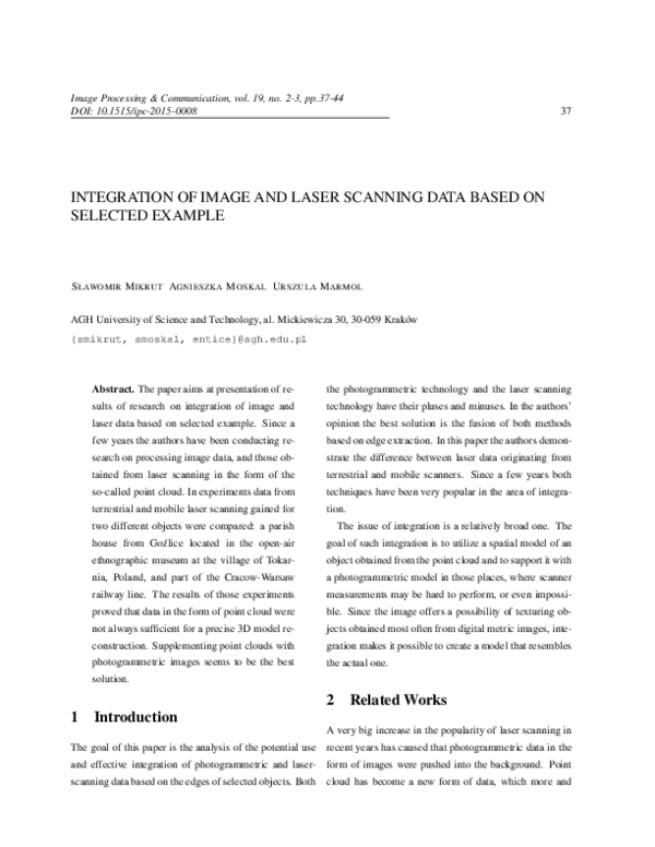 Pdf Integration Of Image And Laser Scanning Data Based On Selected Example