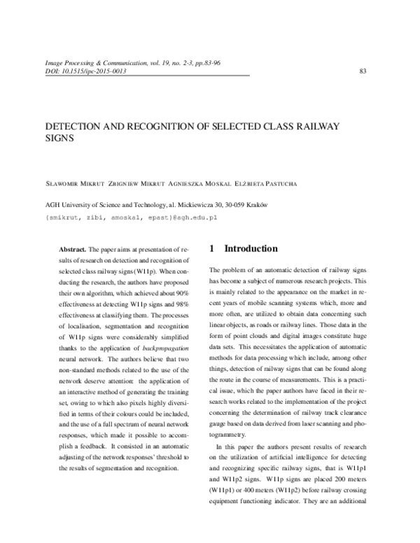(PDF) Detection and Recognition of Selected Class Railway Signs