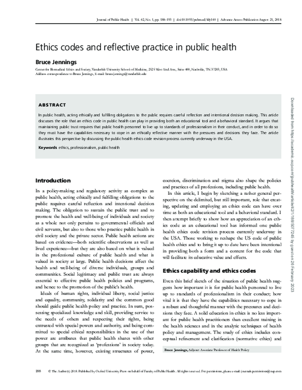 (PDF) Ethics codes and reflective practice in public health