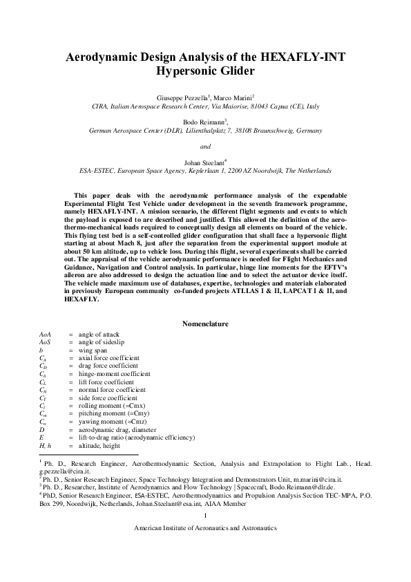(PDF) Aerodynamic Design Analysis of the Hexafly-INT Hypersonic Glider