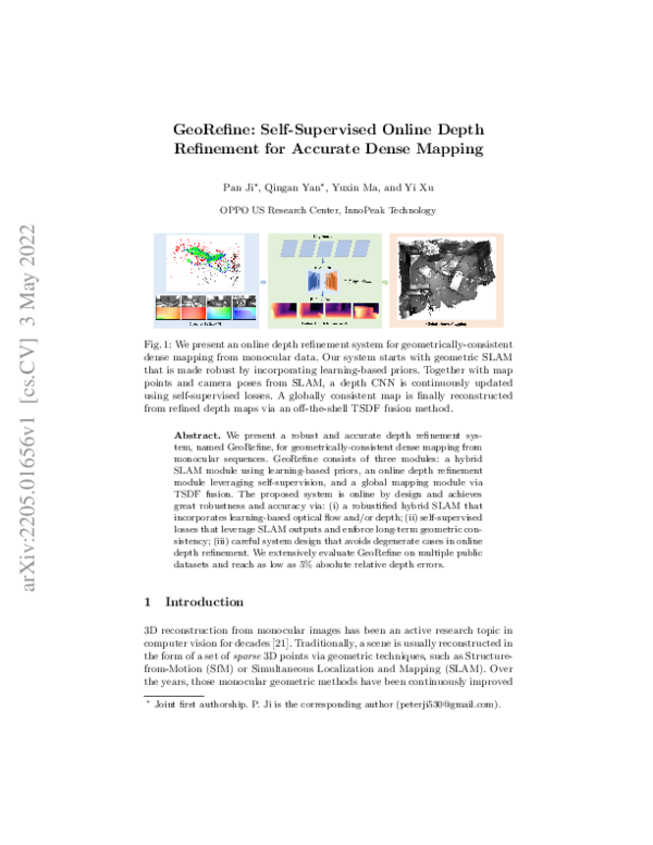 (PDF) GeoRefine: Self-supervised Online Depth Refinement for Accurate Dense Mapping | Qingan Yan ...