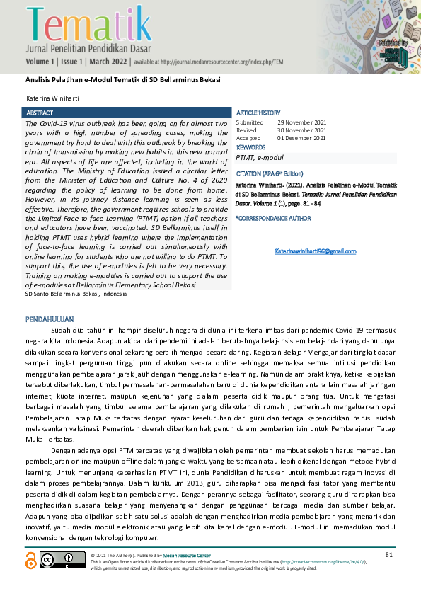 (PDF) Analisis Pelatihan e-Modul Tematik di SD Bellarminus Bekasi