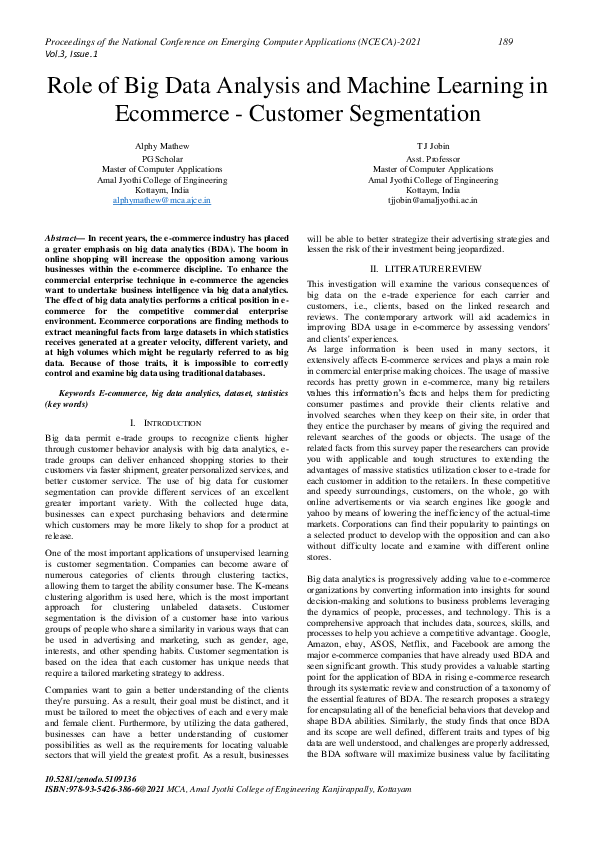 (PDF) Role of Big Data Analysis and Machine Learning in Ecommerce ...