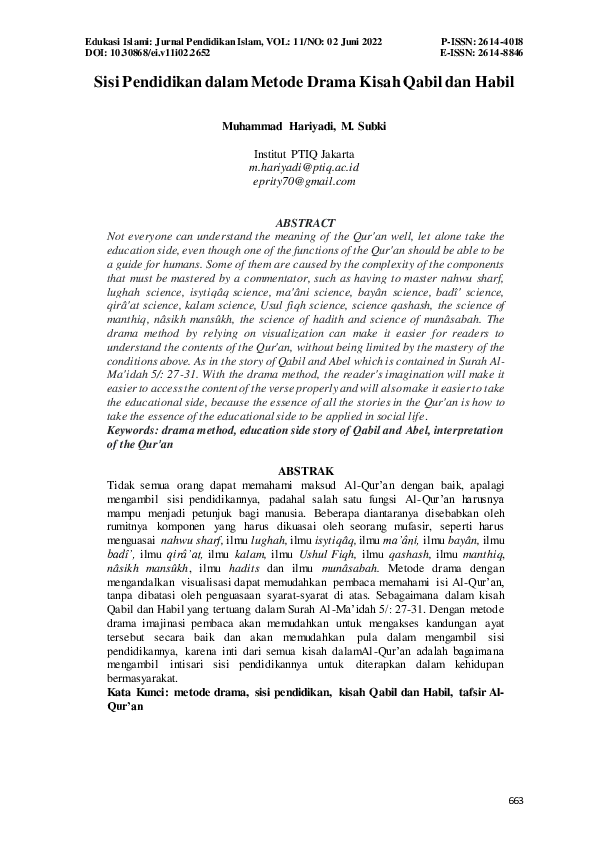(PDF) Sisi Pendidikan dalam Metode Drama Kisah Qabil dan Habil | Muhammad Hariyadi - Academia.edu