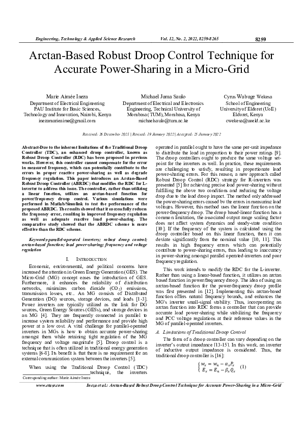 (PDF) Arctan-Based Robust Droop Control Technique for Accurate Power-Sharing in a Micro-Grid
