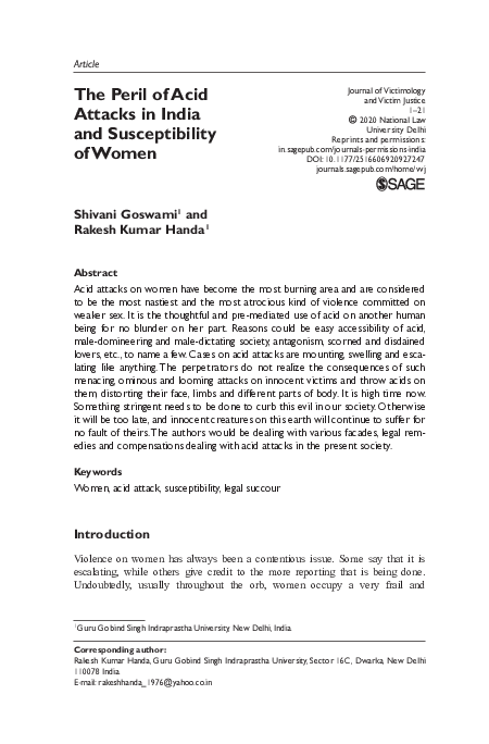 (PDF) The Peril of Acid Attacks in India and Susceptibility of Women