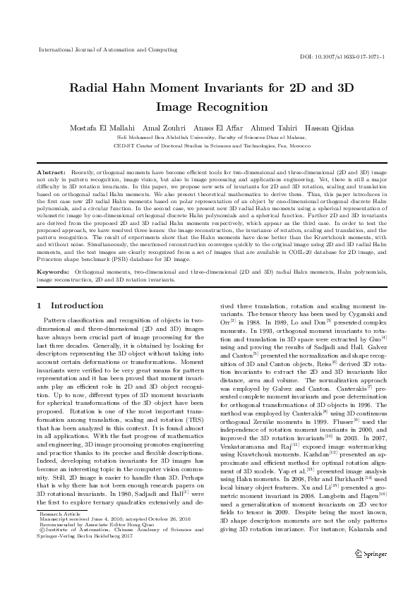 (PDF) Radial Hahn Moment Invariants for 2D and 3D Image Recognition