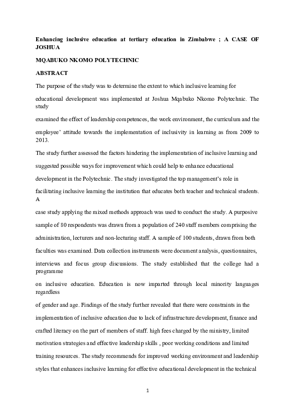 (DOC) Enhancing inclusive education at tertiary education in Zimbabwe ; A CASE OF JOSHUA MQABUKO ...
