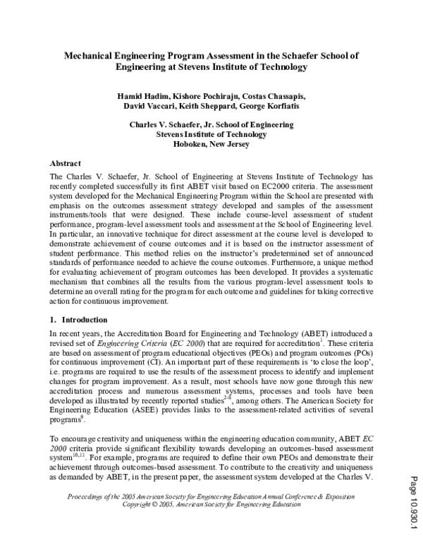 (PDF) Mechanical Engineering Program Assessment In The Schaefer School Of Engineering At Stevens ...