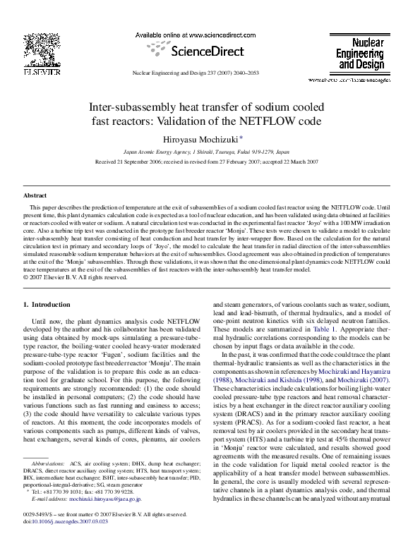 (PDF) Inter-subassembly heat transfer of sodium cooled fast reactors: Validation of the NETFLOW code