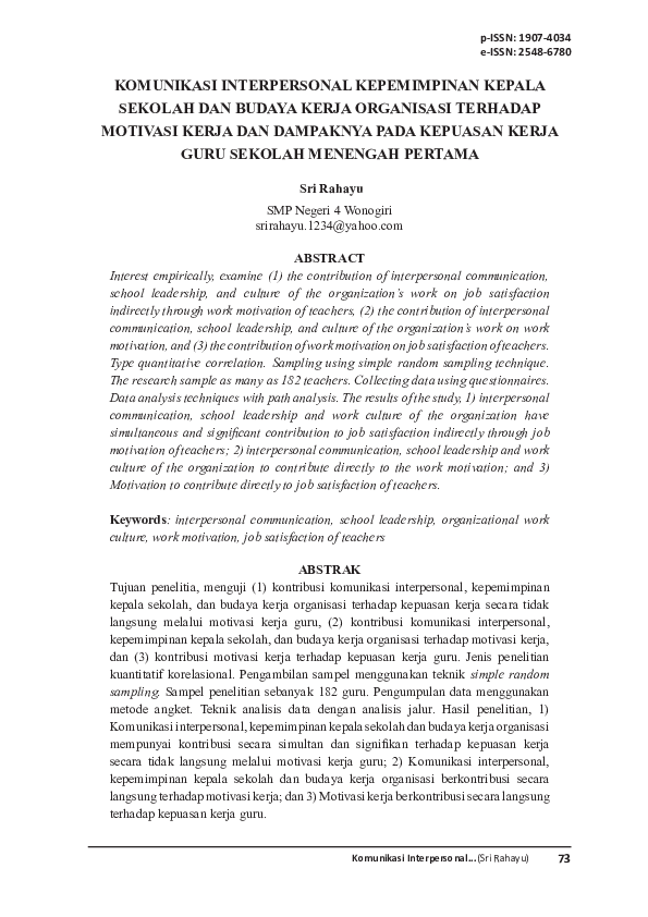 (PDF) Komunikasi Interpersonal Kepemimpinan Kepala Sekolah dan Budaya Kerja Organisasi terhadap ...