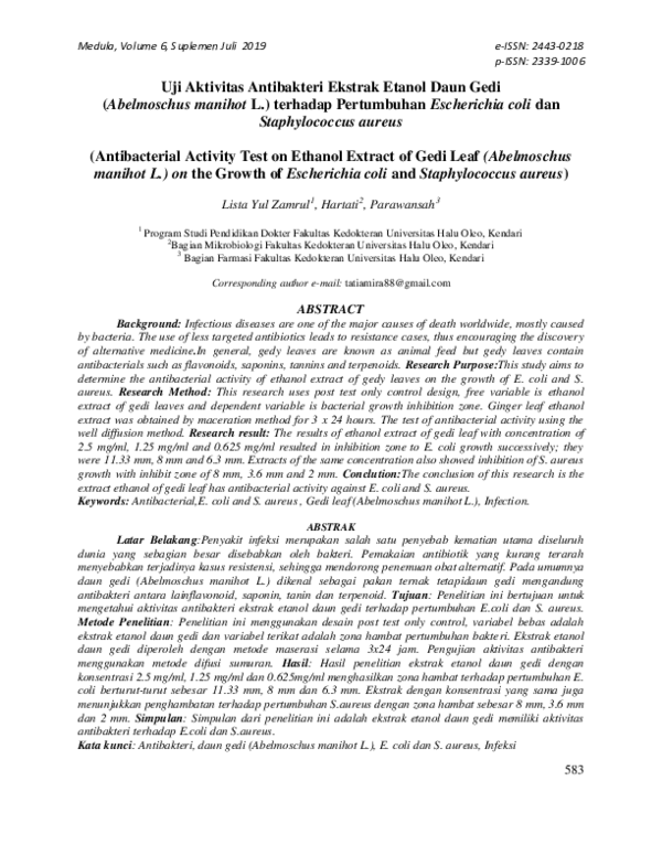 (PDF) Antibacterial Activity Test on Ethanol Extract of Gedi Leaf ...
