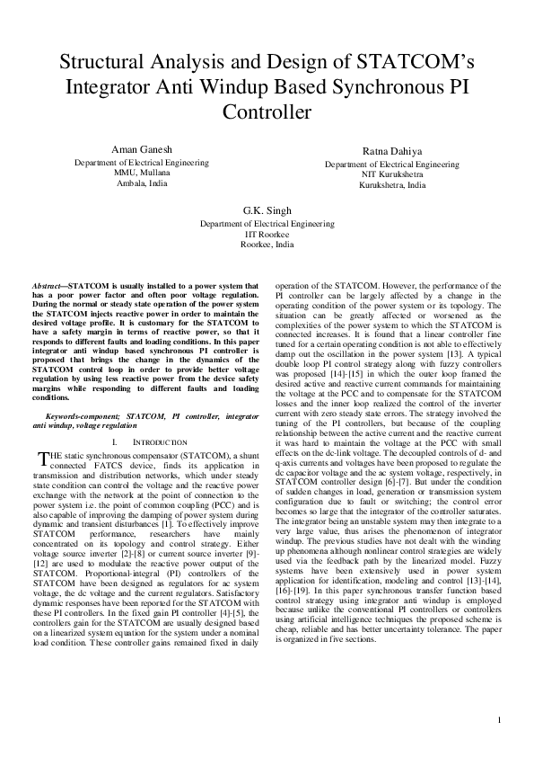 Pdf Structural Analysis And Design Of Statcom S Integrator Anti Windup Based Synchronous Pi