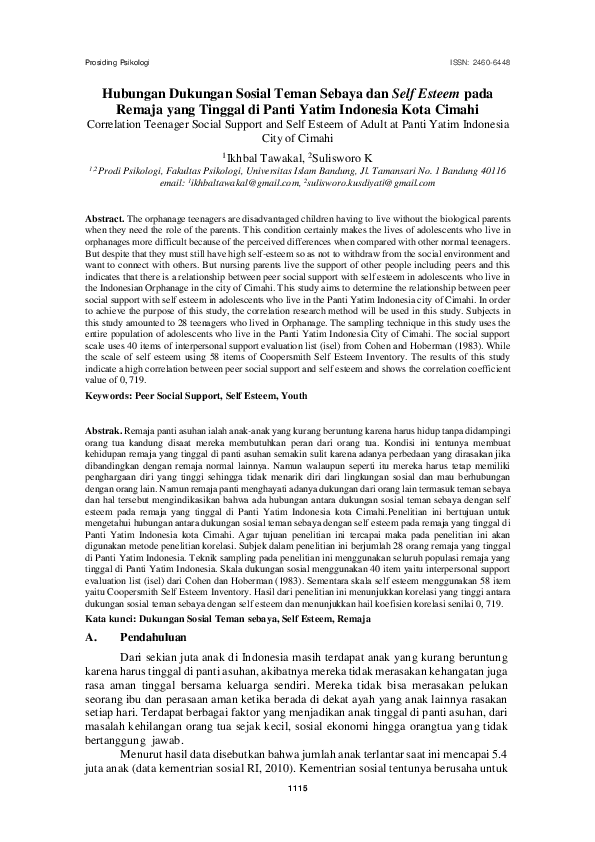 (PDF) Hubungan Dukungan Sosial Teman Sebaya dan Self Esteem pada Remaja yang Tinggal di Panti ...