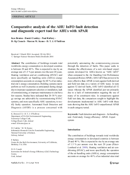 (PDF) Comparative analysis of the AHU InFO fault detection and diagnostic expert tool for AHUs ...