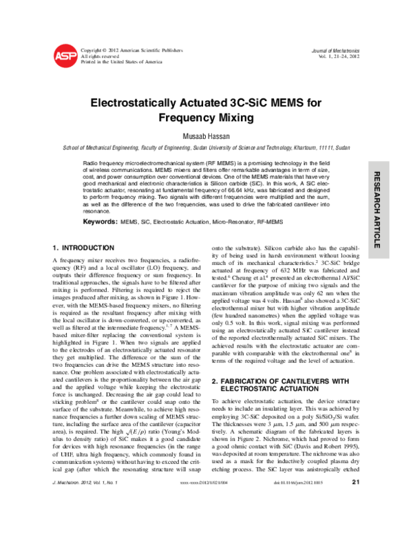 (PDF) Electrostatically Actuated 3C-SiC MEMS for Frequency Mixing
