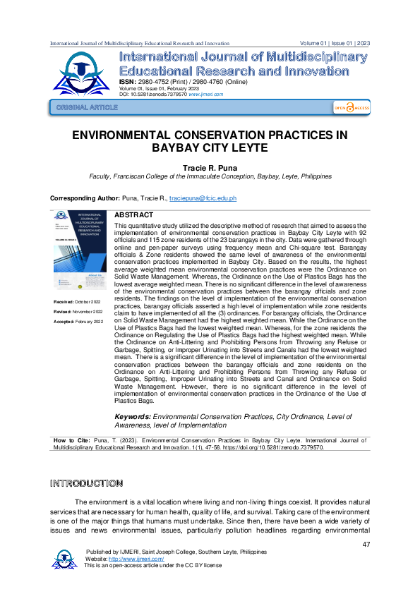 (PDF) Environmental Conservation Practices in Baybay City Leyte