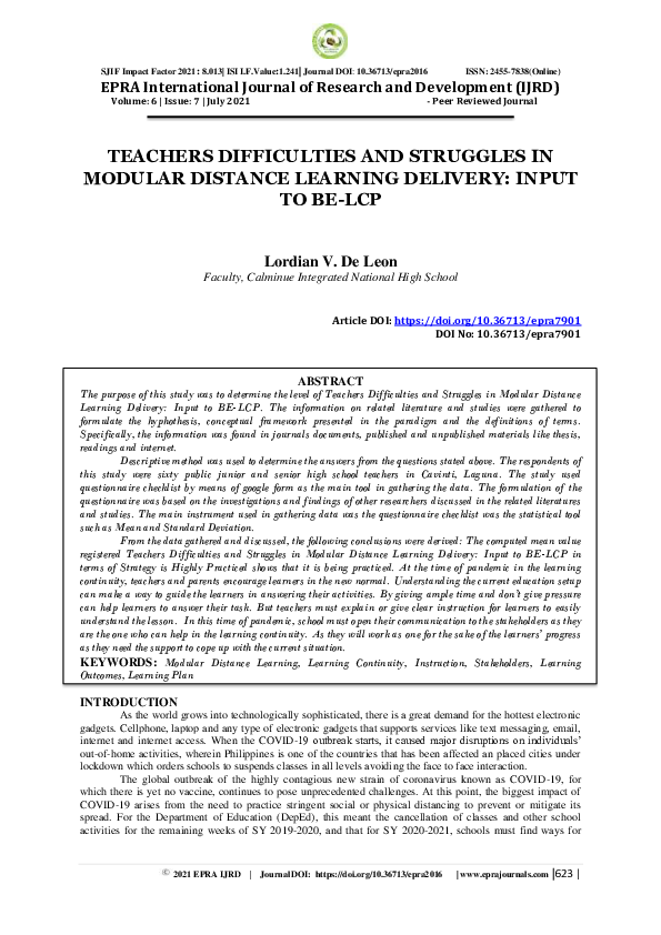 (PDF) Teachers Difficulties and Struggles in Modular Distance Learning ...