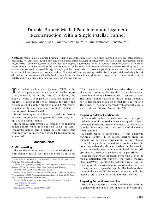 (PDF) Double-Bundle Medial Patellofemoral Ligament Reconstruction With ...