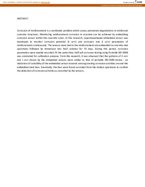 Pdf Embedded Sensor For Detecting Corrosion Of Reinforcement In Concrete